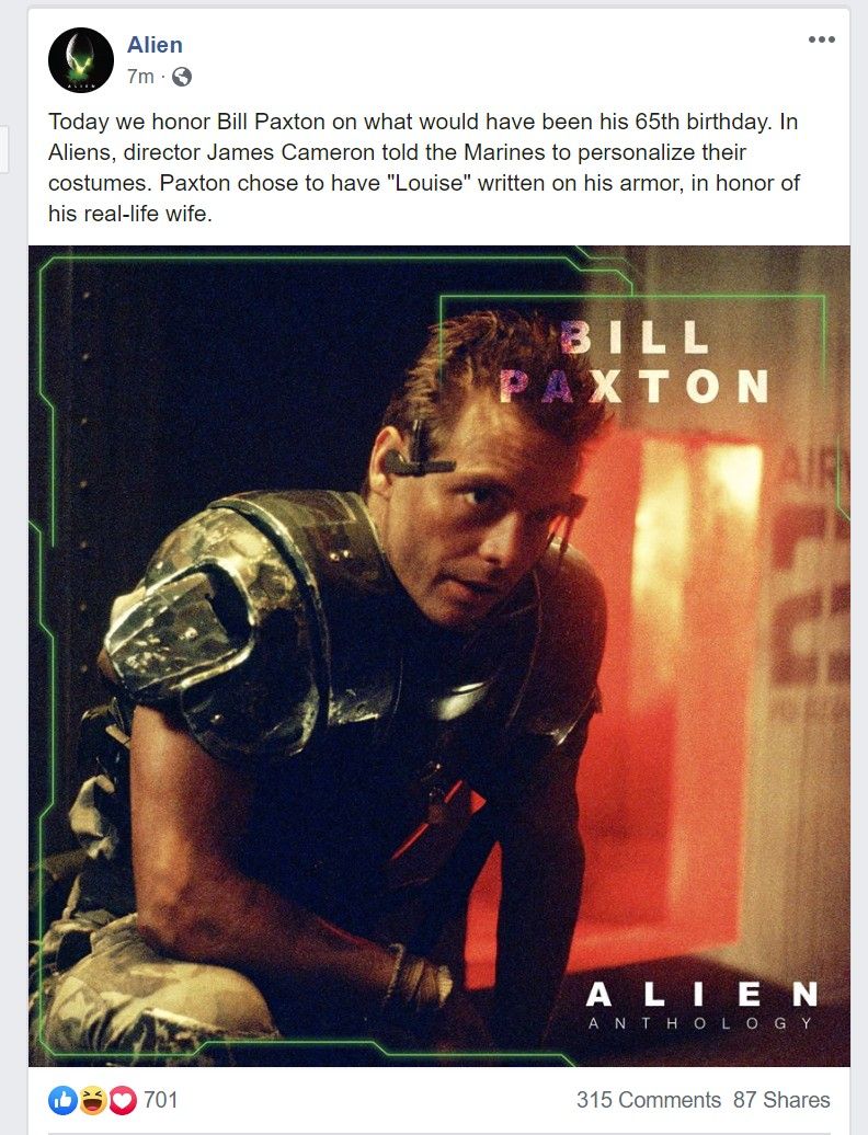 Alien Social Media Posts Wrong Character For Bill Paxton's Birthday